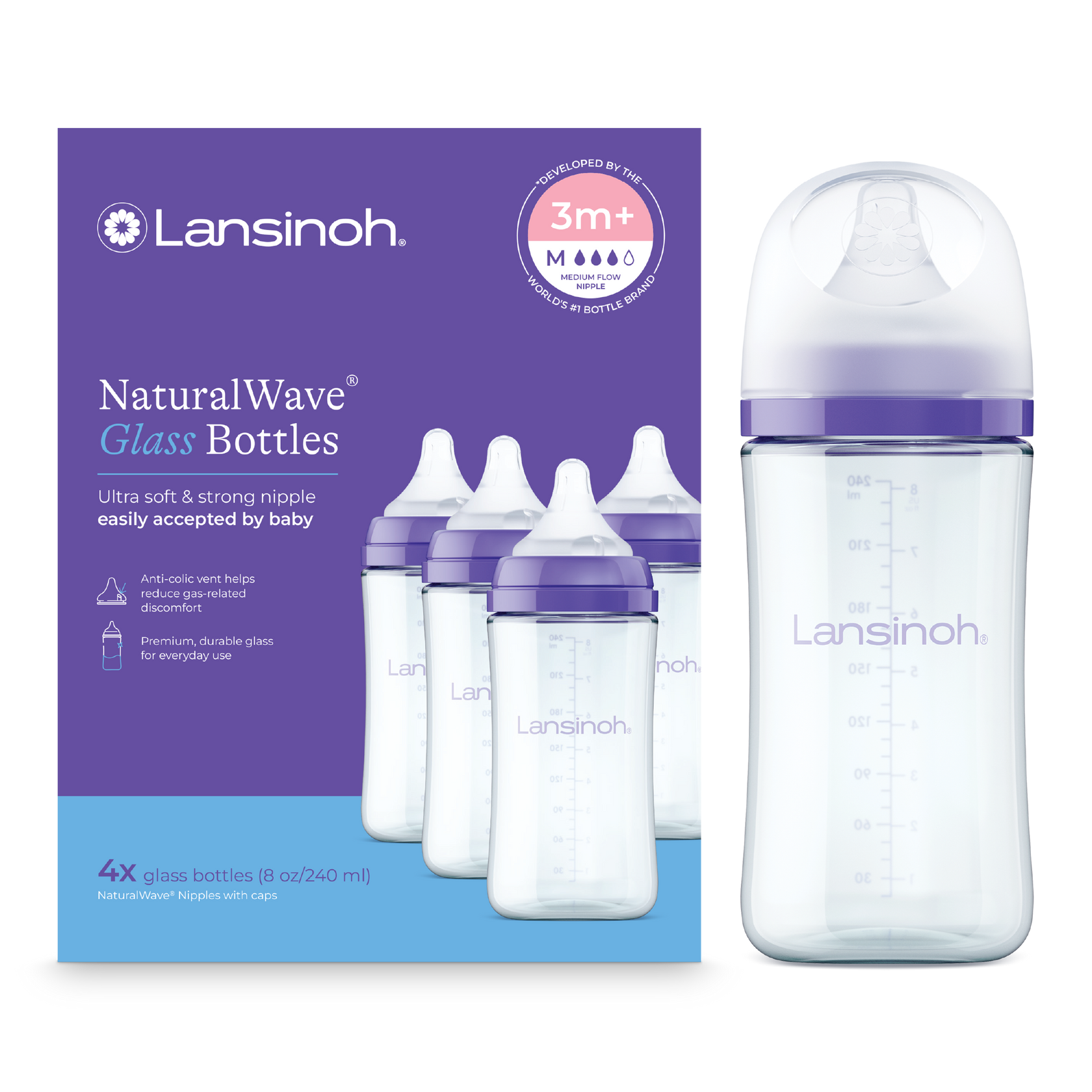 Lansinoh Baby Bottles with NaturalWave Nipple (8oz)